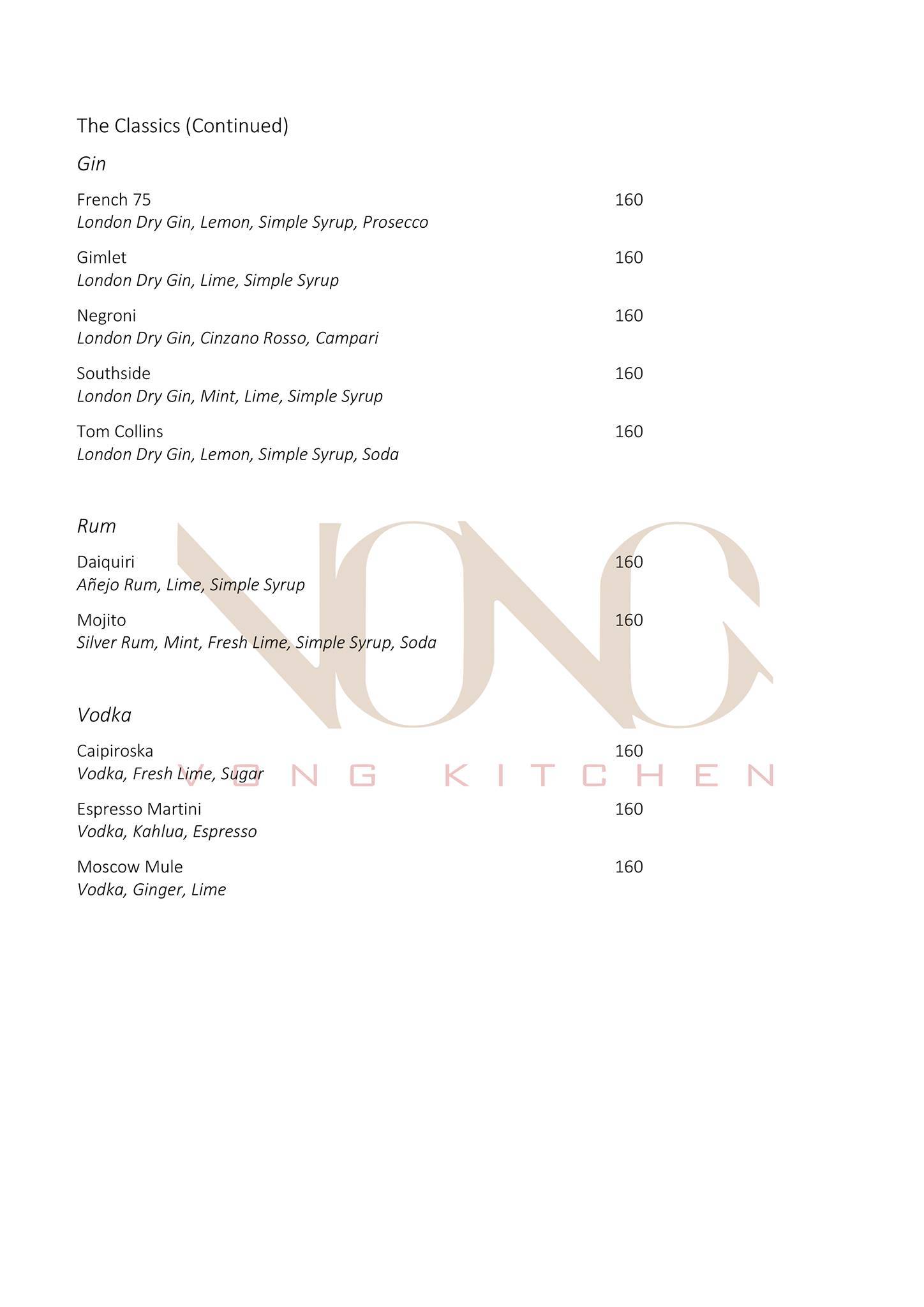 Menu at Vong Kitchen restaurant, Jakarta