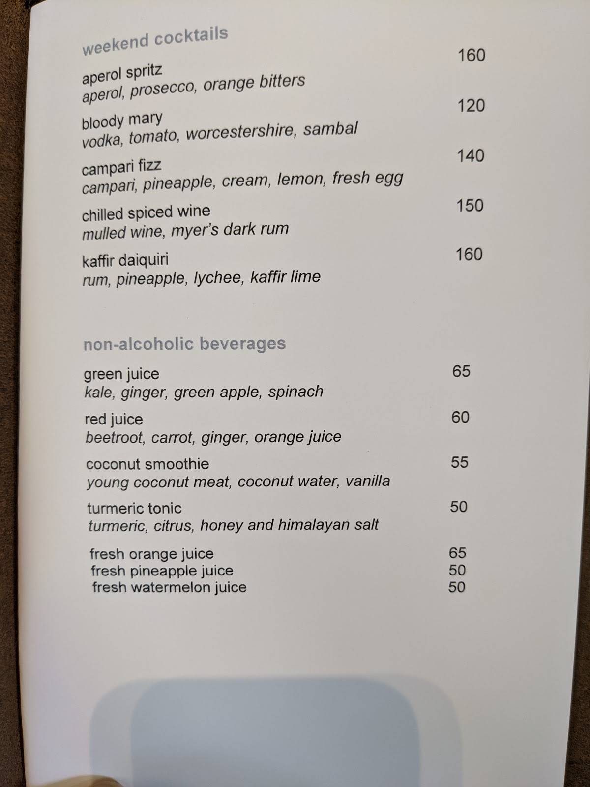 Menu at Vong Kitchen restaurant, Jakarta