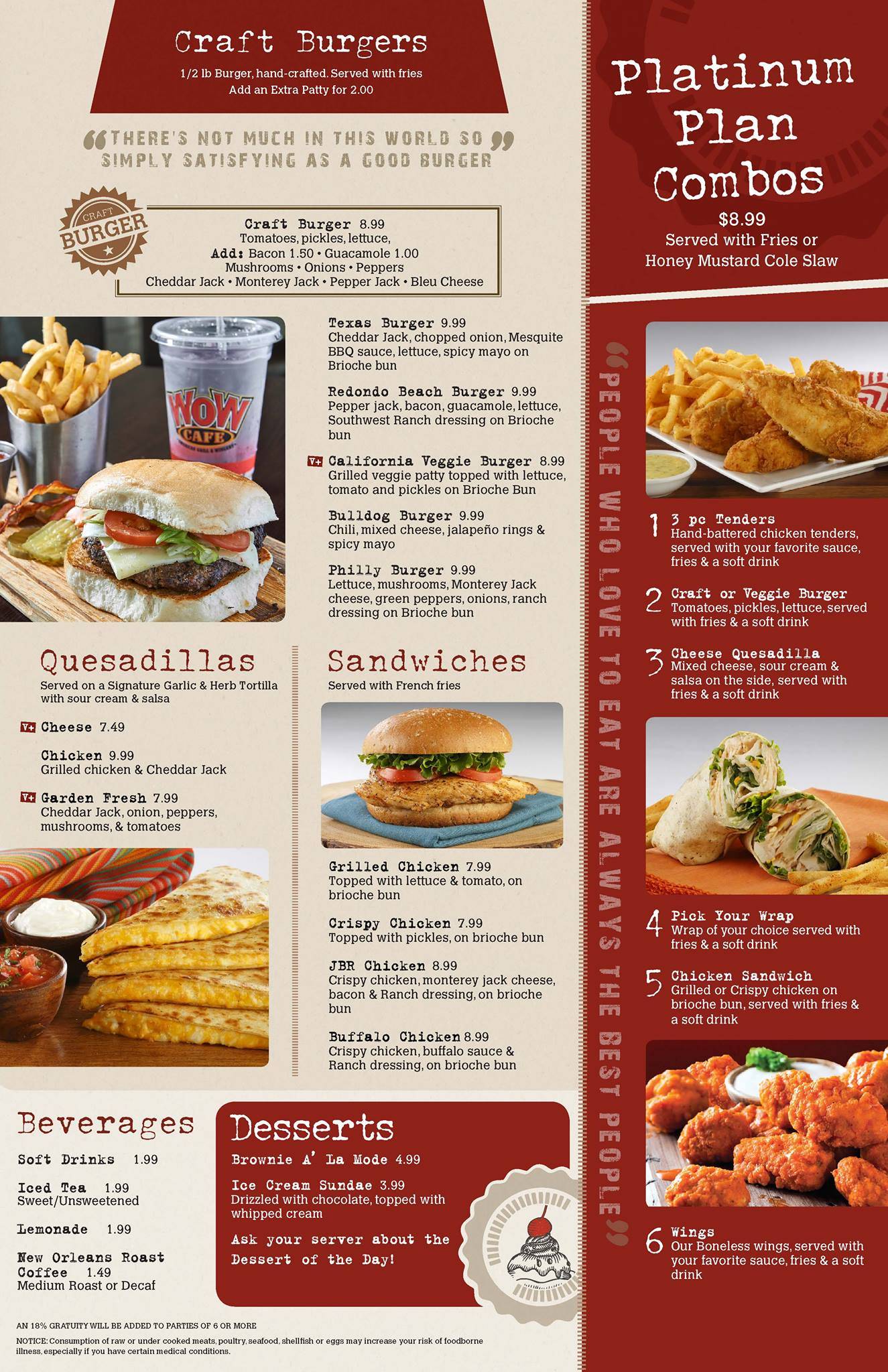 Menu at WOW Café restaurant, Adrian, Arrington Ice Arena