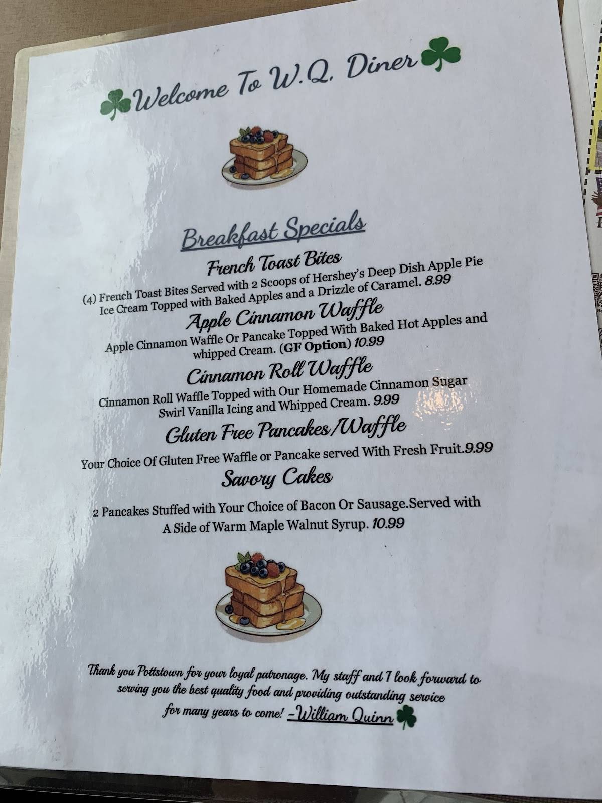 Menu at WQ Diner restaurant, Pottstown