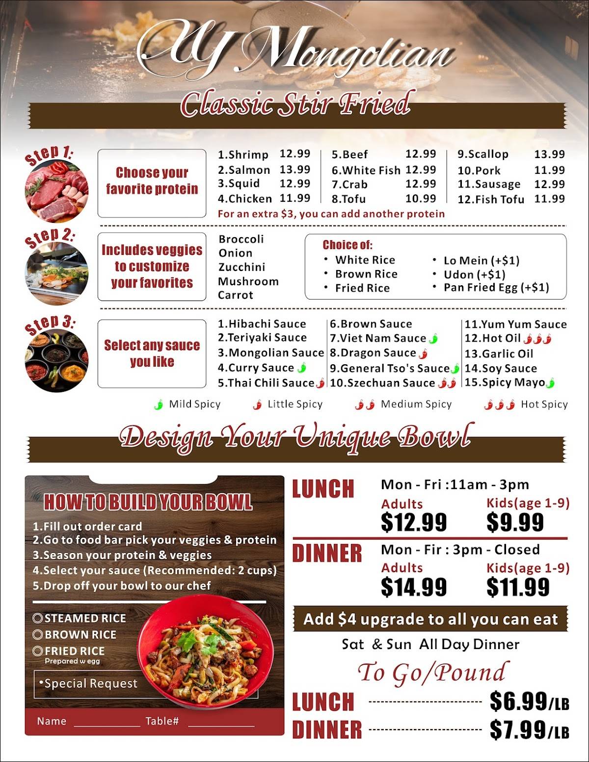 Menu at WY Mongolian Grill&Sushi restaurant, Lewis Center