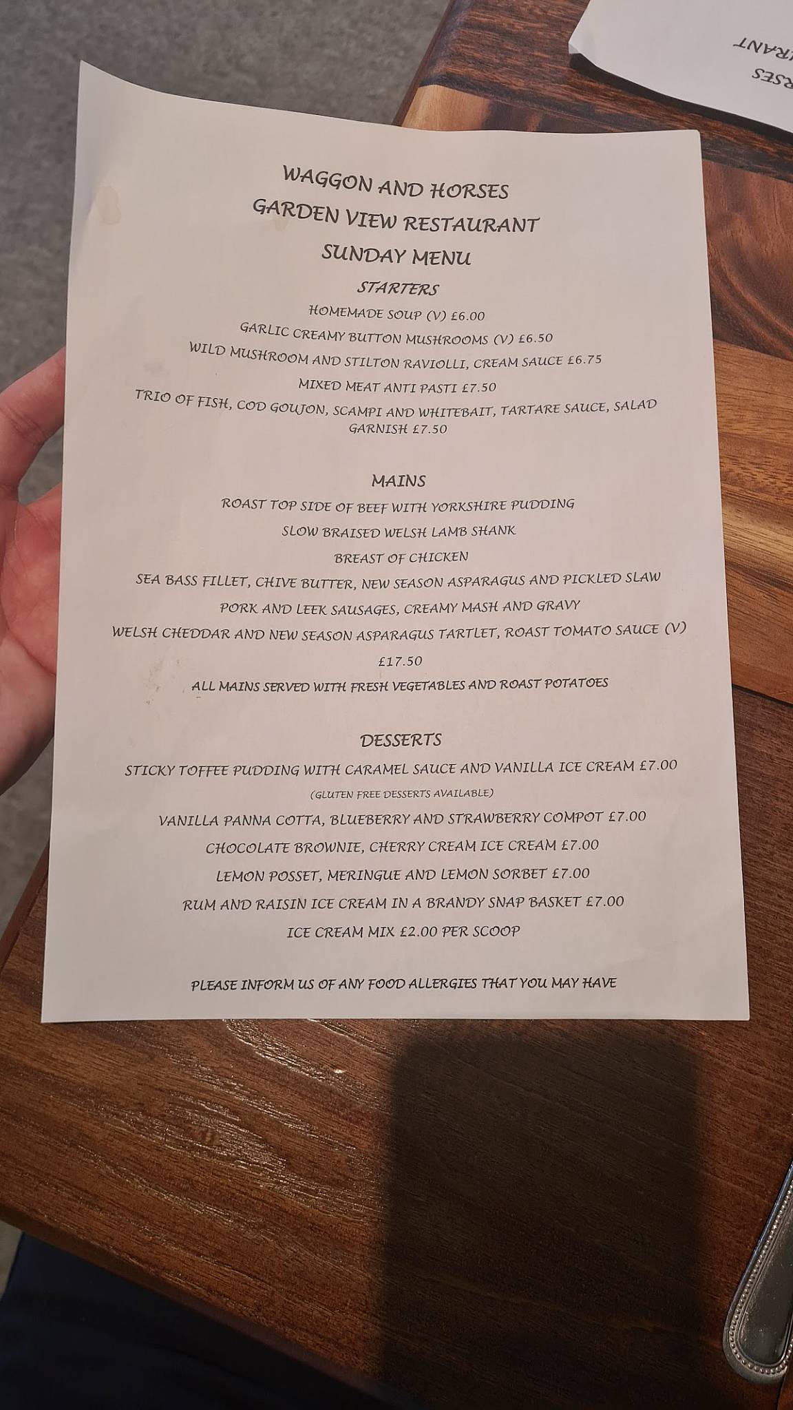 Menu at Waggon and Horses pub & bar, Newtown
