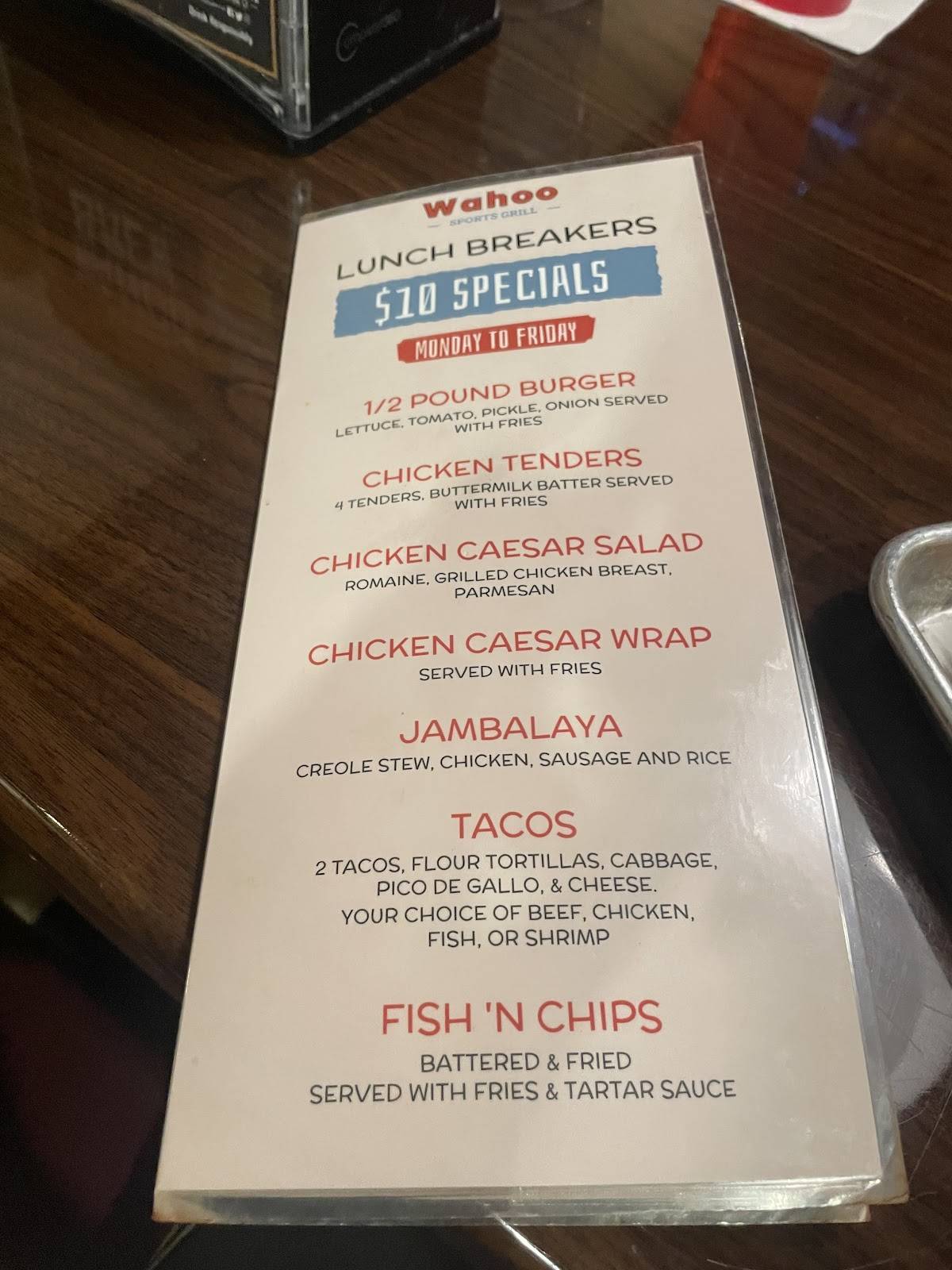 Menu at Wahoo Sports Grill restaurant, Tallahassee