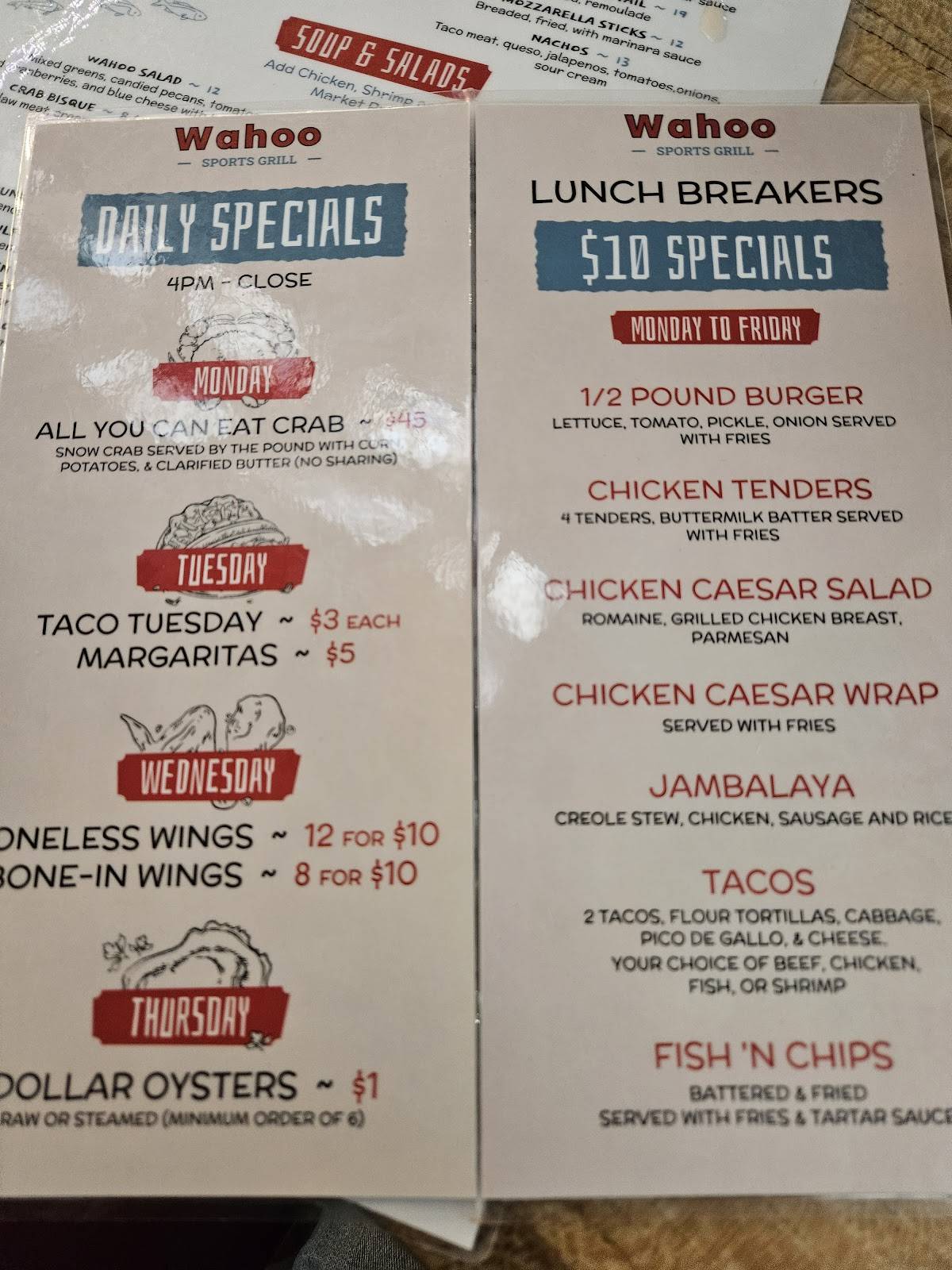 Menu at Wahoo Sports Grill restaurant, Tallahassee