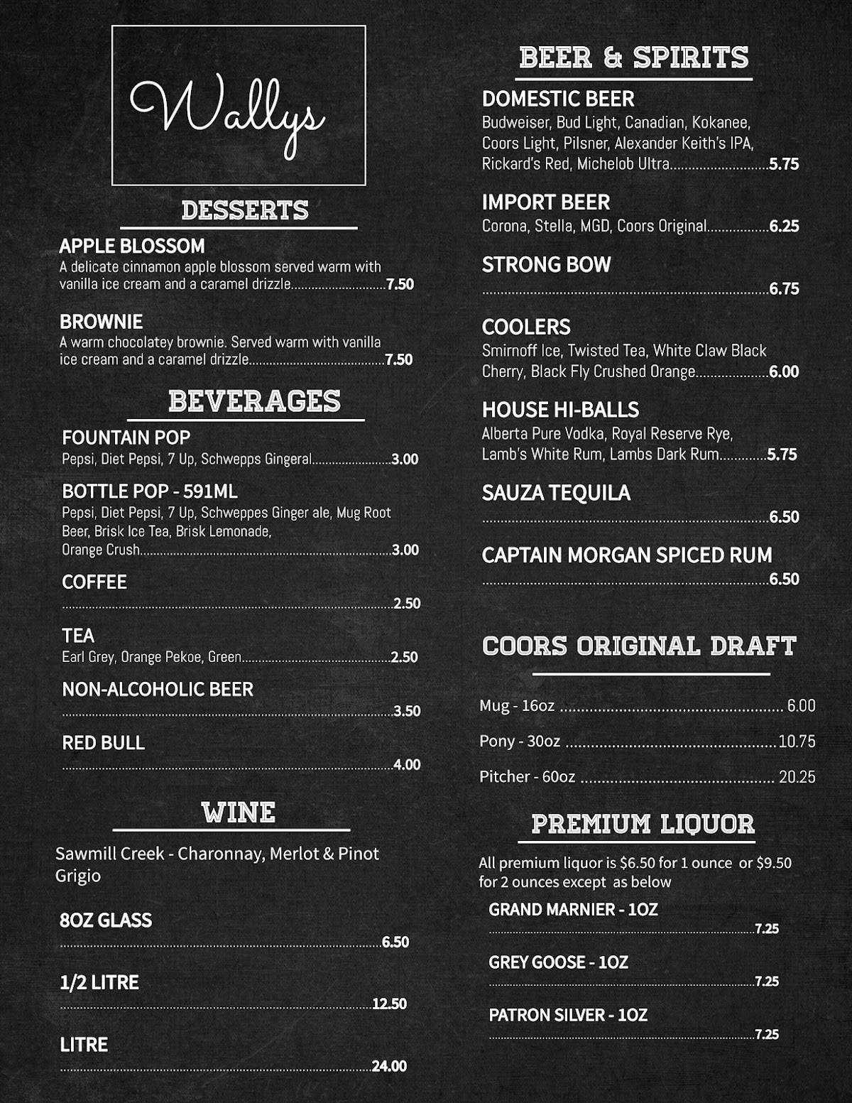 Menu at Wally's Bar & Grill, Onoway