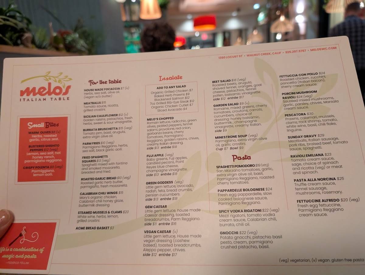 Menu at Melo's Italian Table pizzeria, Walnut Creek