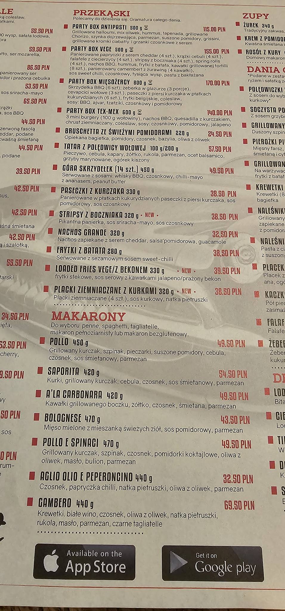 Menu at Street Restauracja pub & bar, Warsaw, al. Jana Pawła II 19