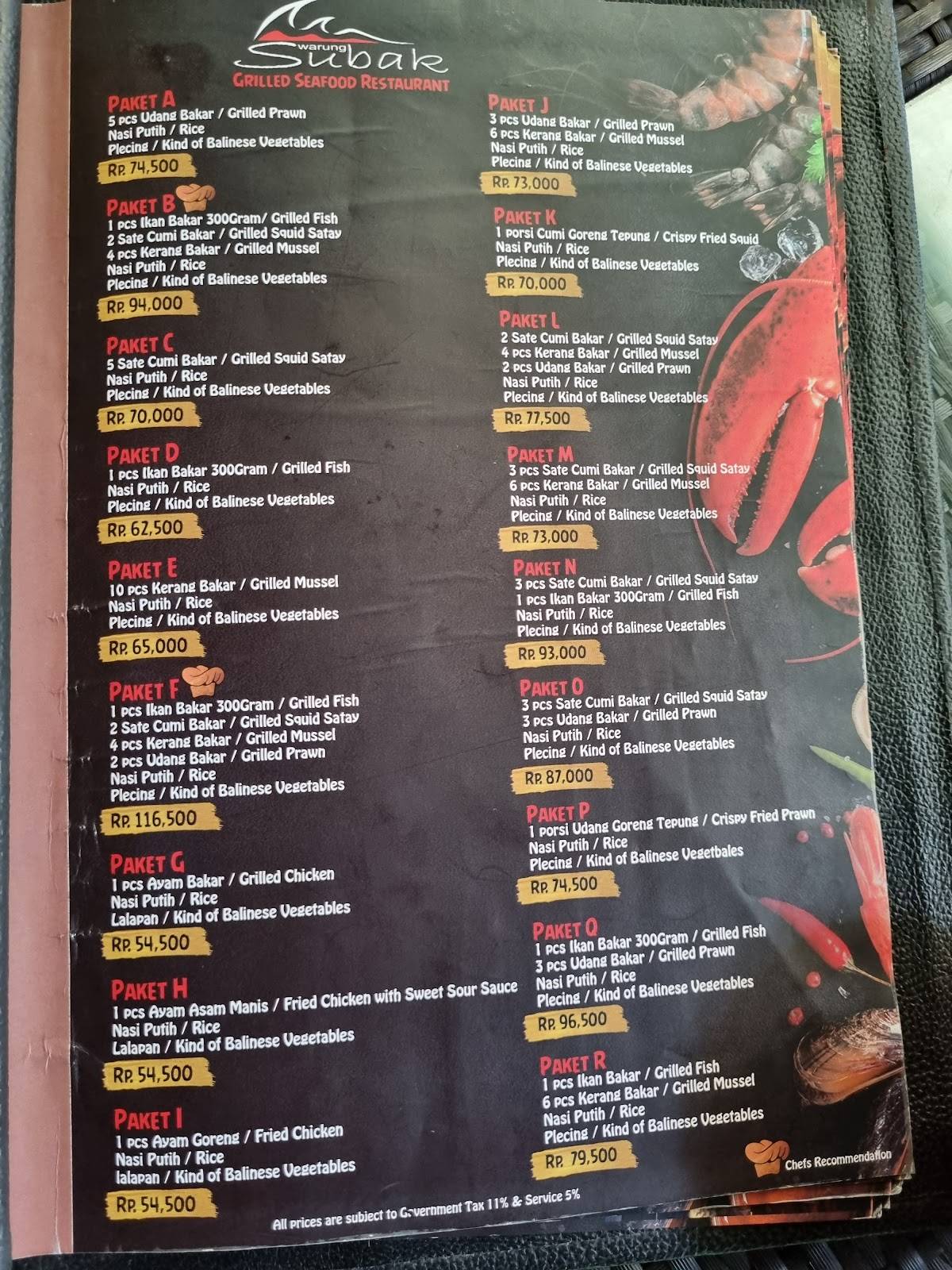 Menu at Warung Subak restaurant, Denpasar, Jalan Astasura No. 5 Peguyangan