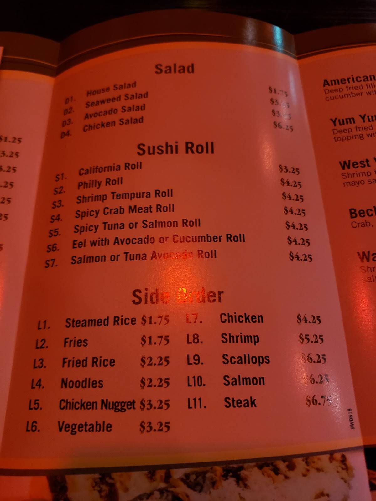 Menu at Wasabi Fusion restaurant, Beckley