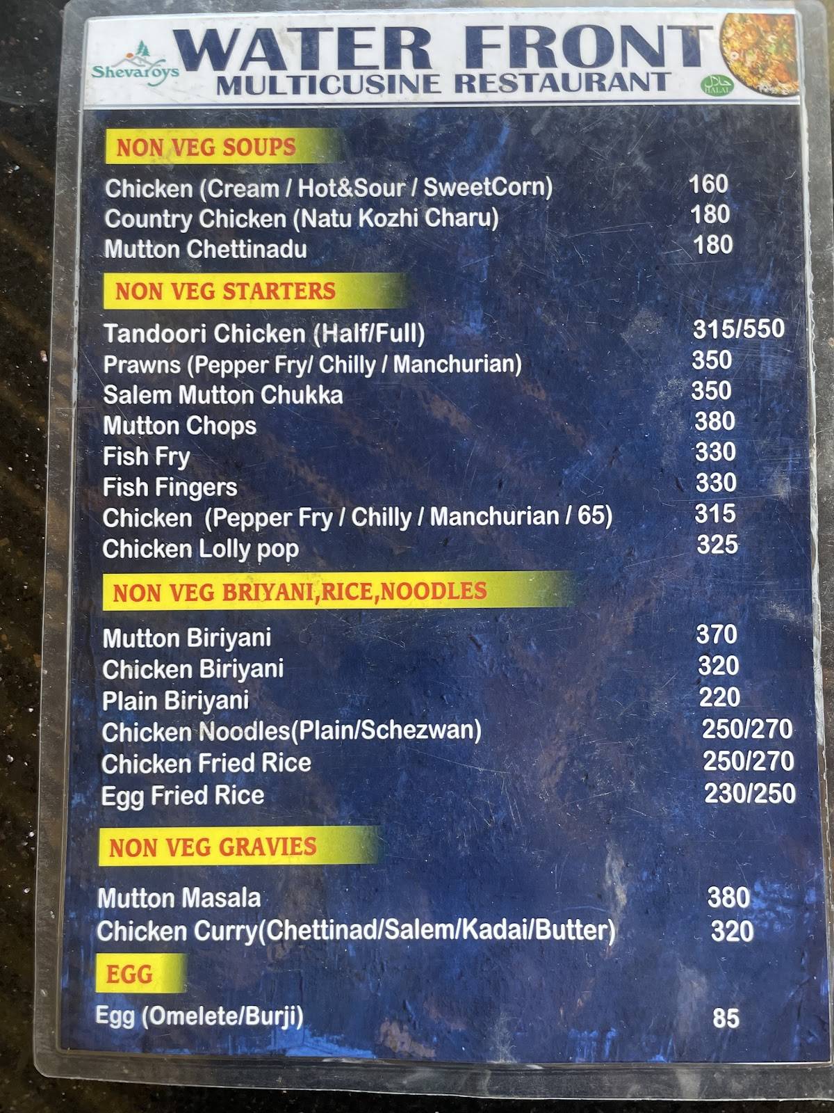 Menu at Waterfront Multicuisine Restaurant, Yercaud