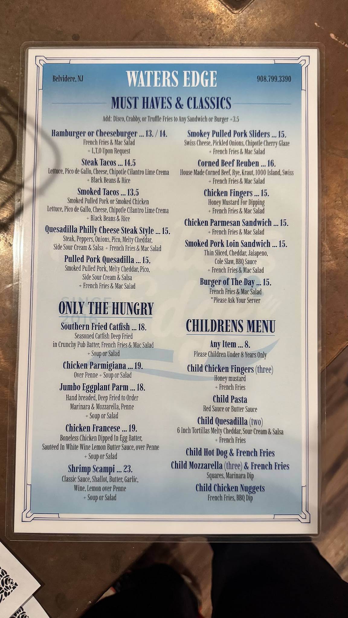 Menu at Waters Edge pub & bar, Belvidere, 487 US-46