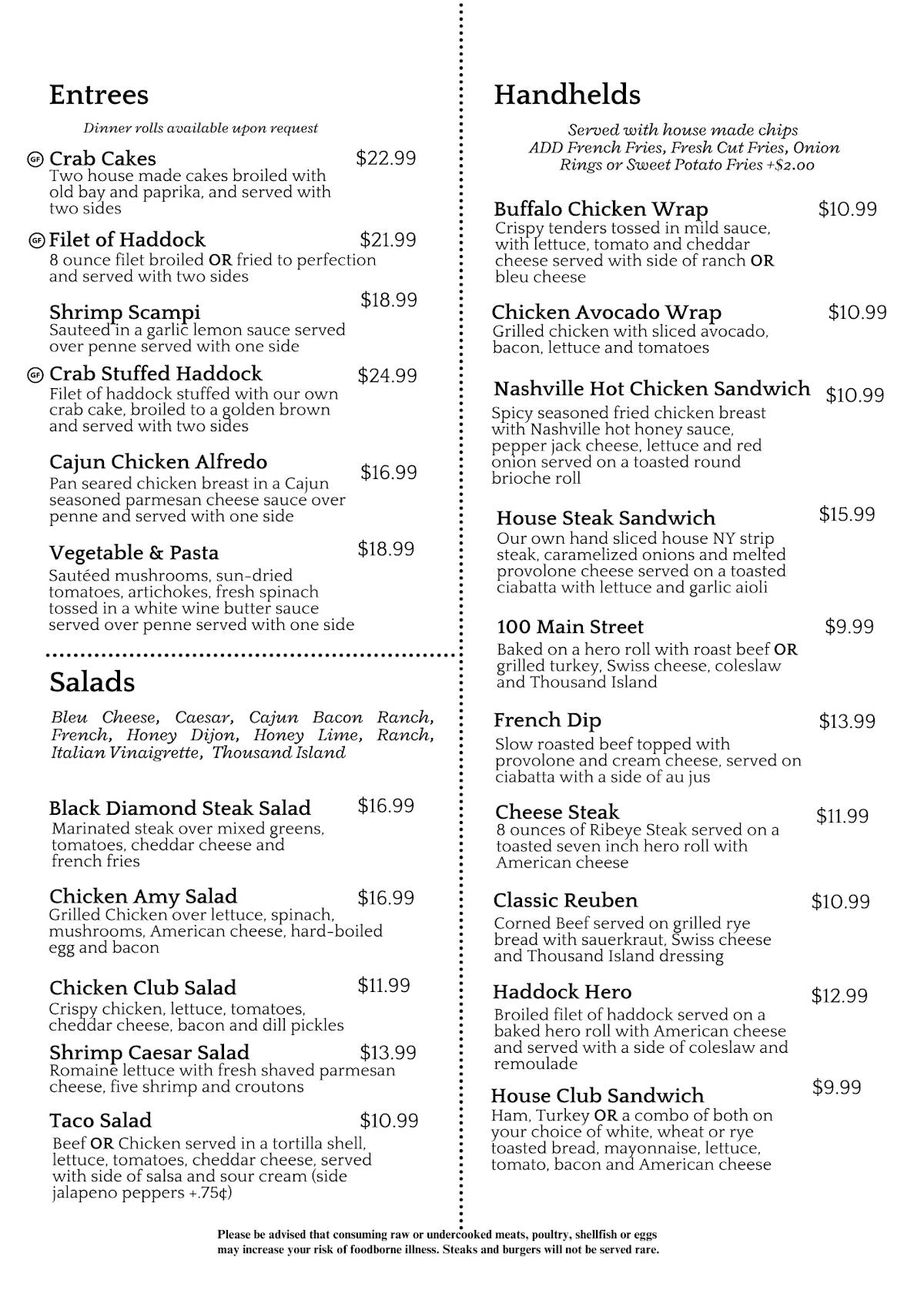 Menu at Watson Inn restaurant, Watsontown