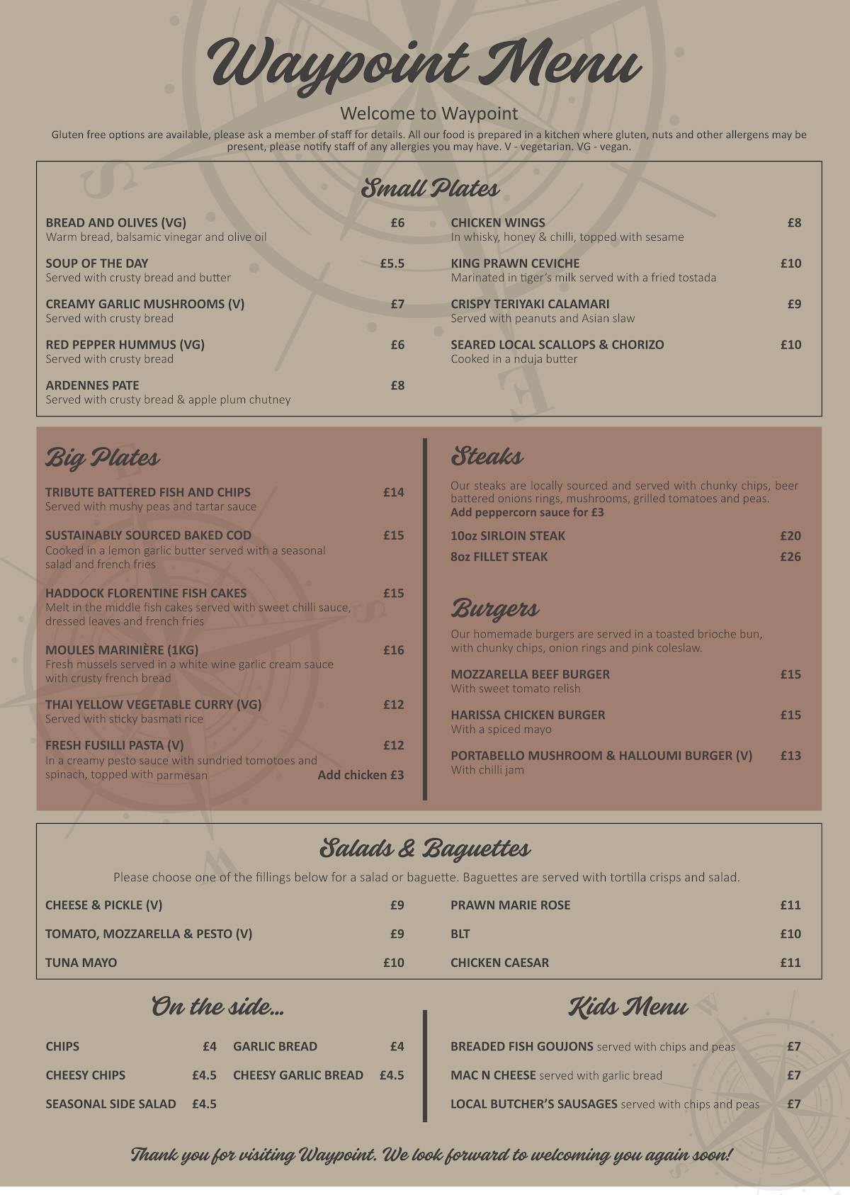 Menu at Waypoint Bar & Bistro, Plymouth, Queen Anne's Battery