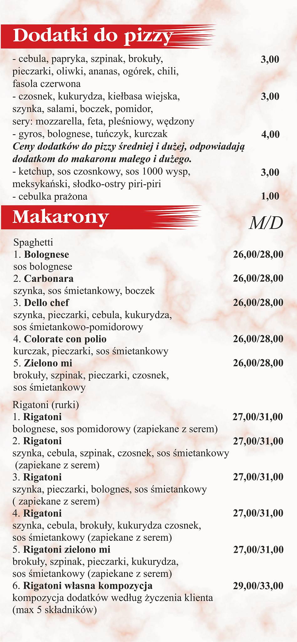 Menu at Wega Pizzeria, Nędza