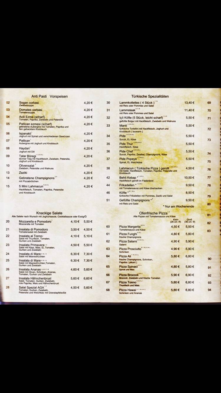 Speisekarte von Restaurant Aga, Weißenthurm
