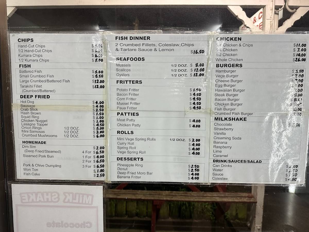 Menu at Te Aro Fish Supplies Ltd. restaurant, Wellington