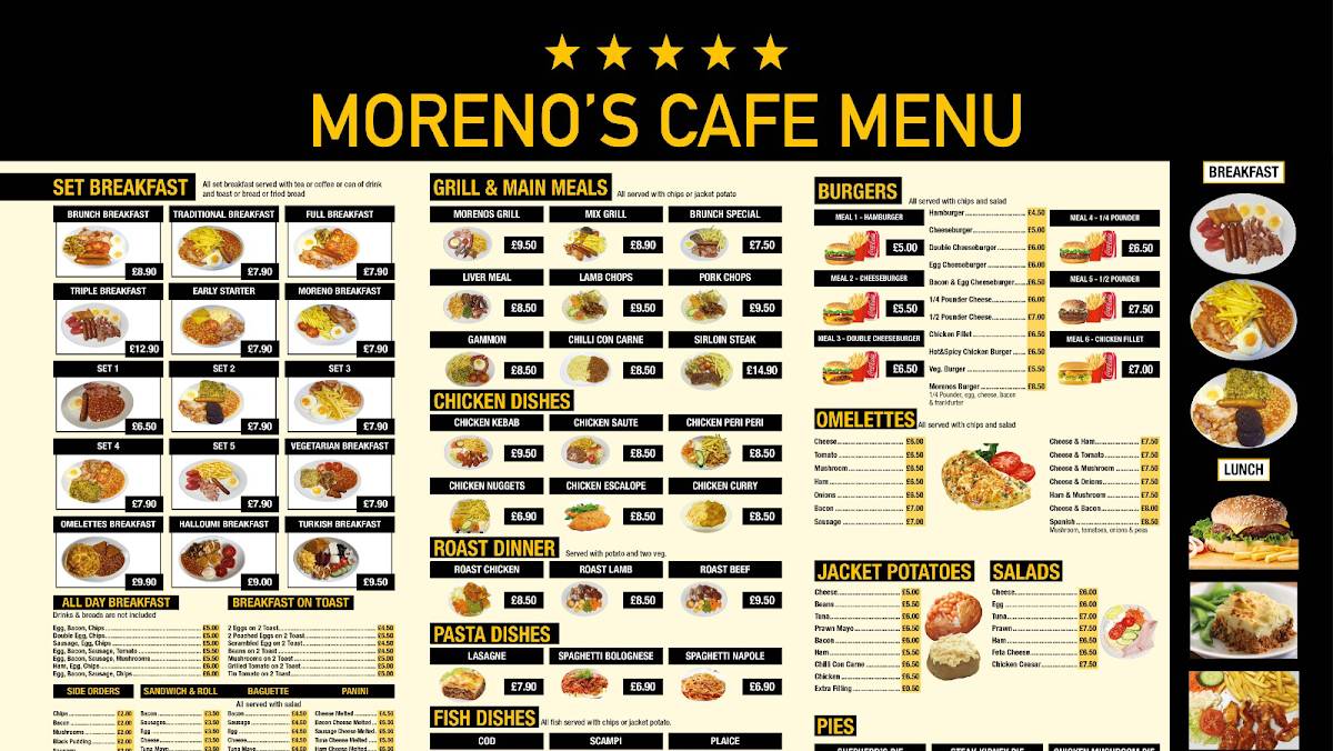 Menu at Moreno's Cafe, Welwyn Garden City