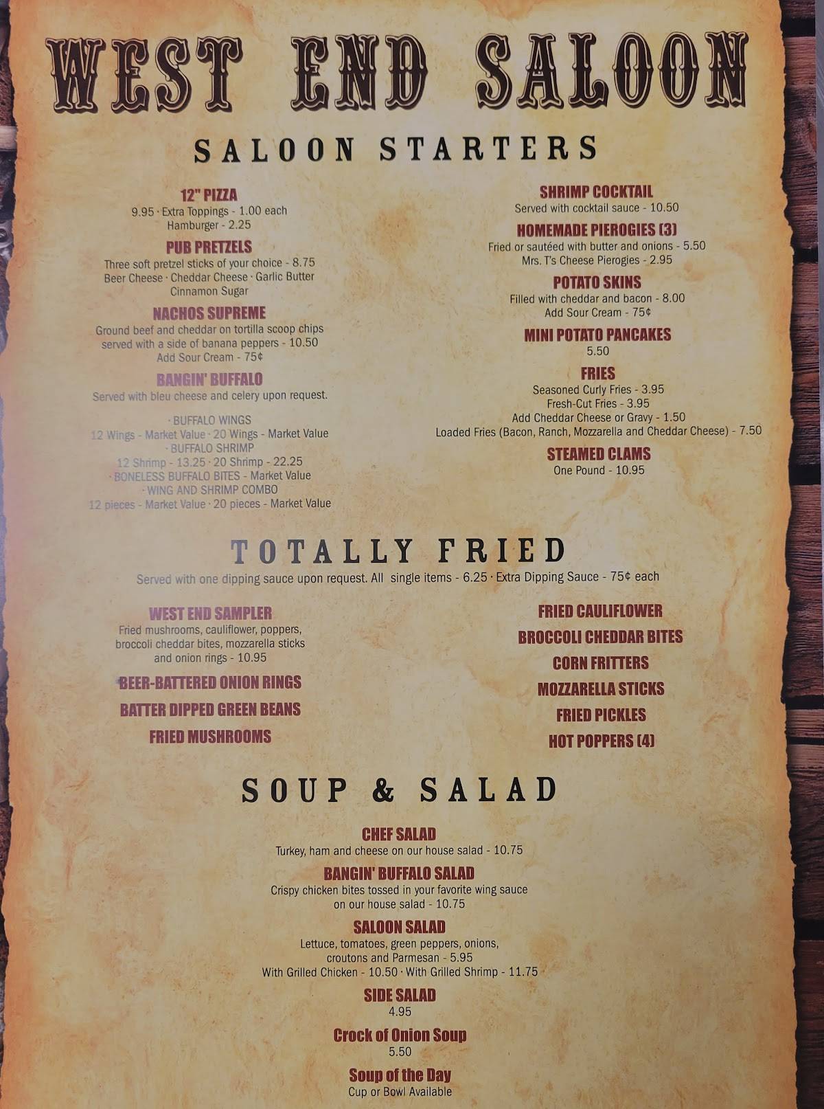 Menu at West End Saloon restaurant, Palmerton