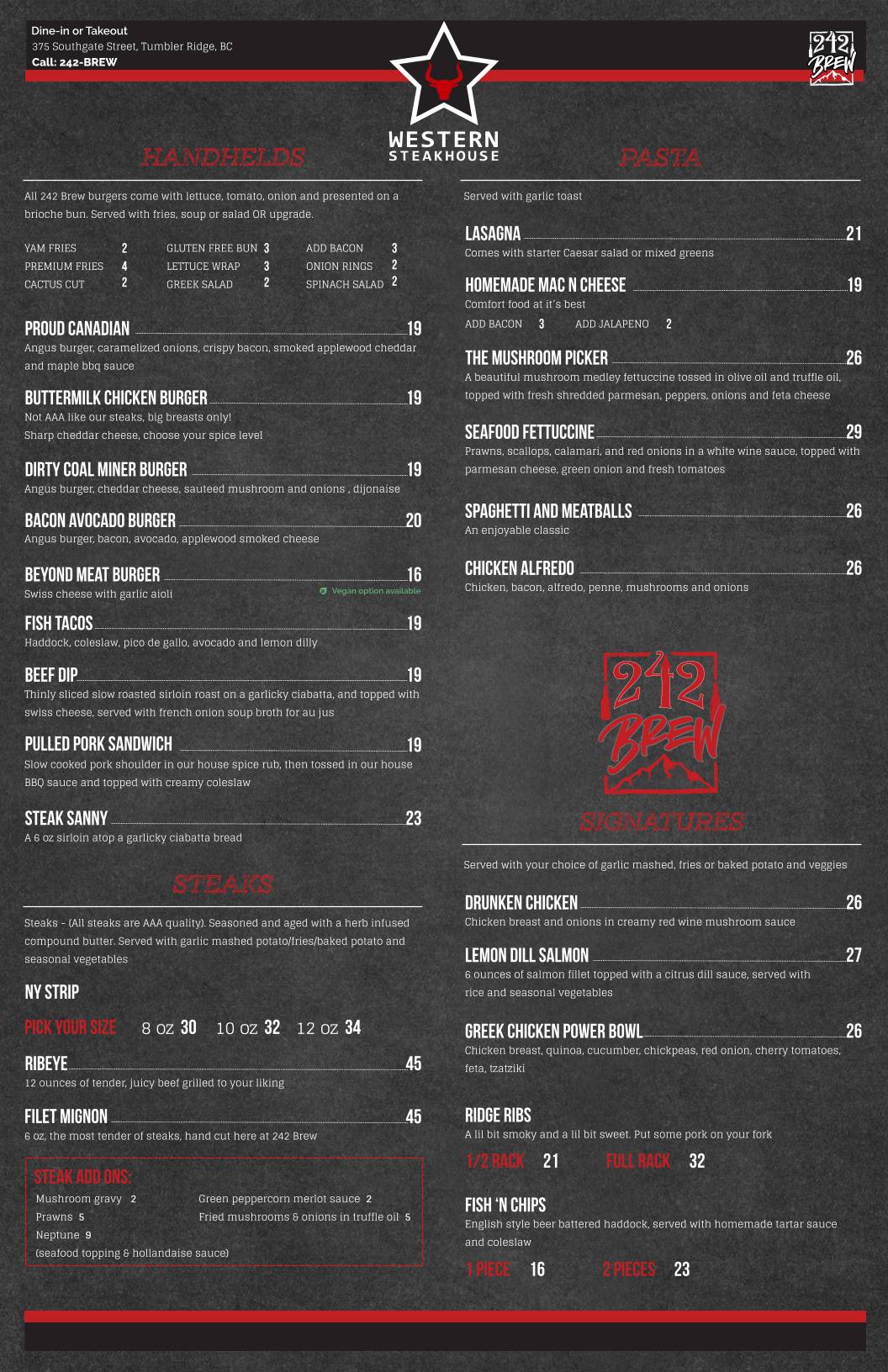 Menu at Western Steakhouse by 242 Brew Ltd, Tumbler Ridge