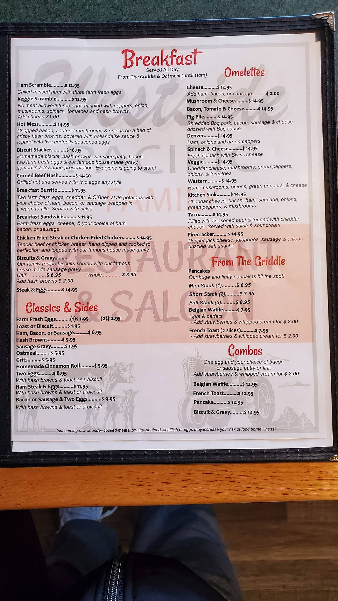 Menu at Westside Pacific Family Restaurant and Saloon, Rickreall