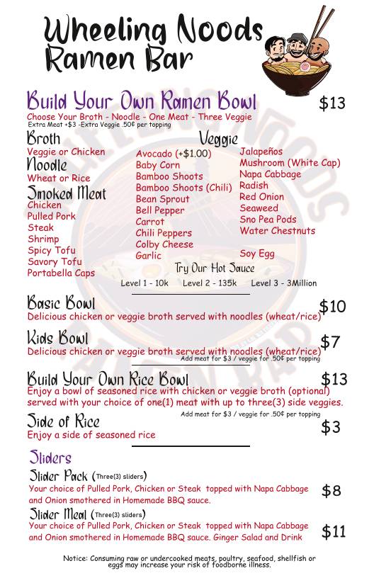Menu at Wheeling Noods Ramen Bar, Wheeling