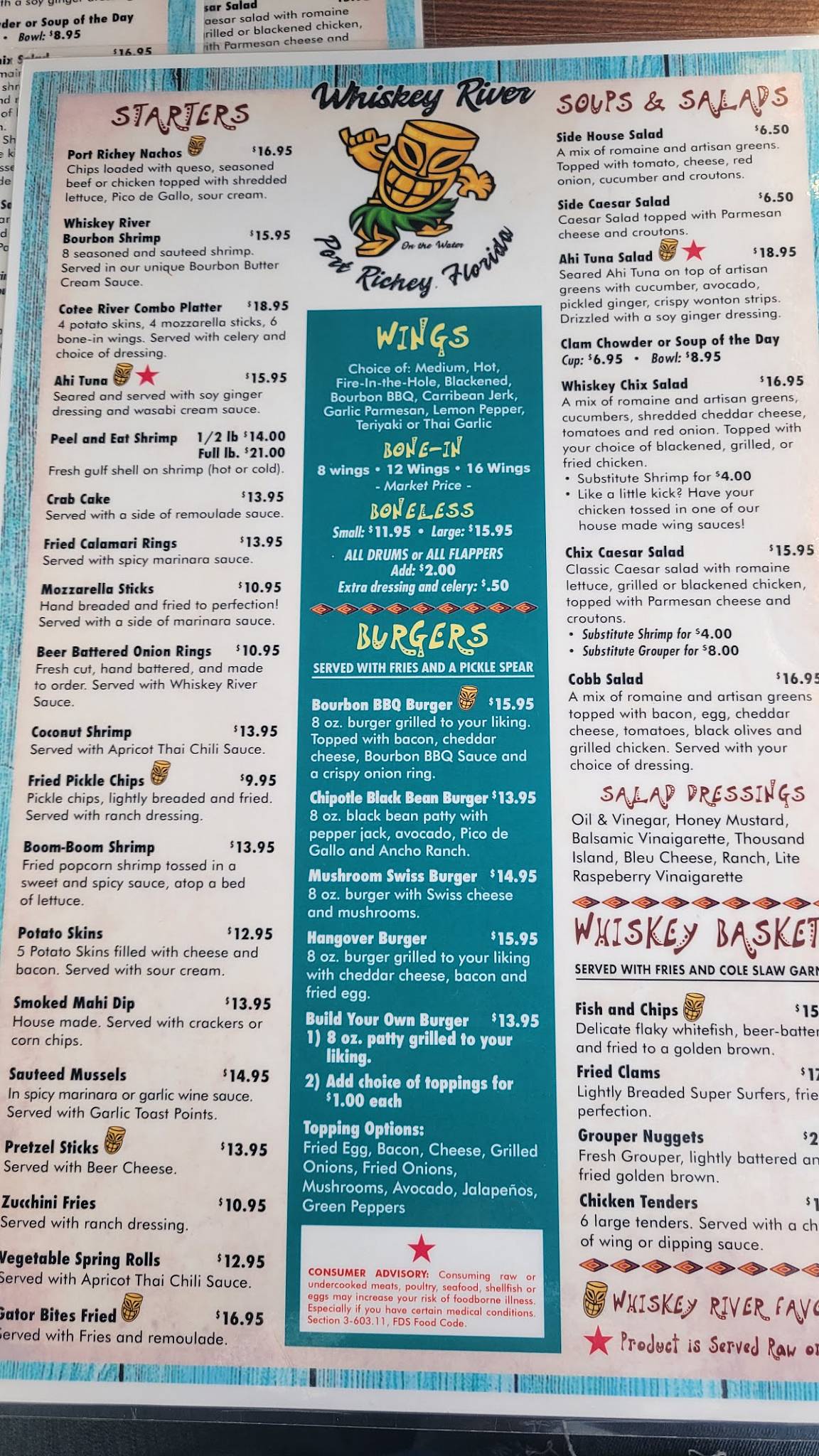 Menu at Whiskey River On The Water pub & bar, Port Richey