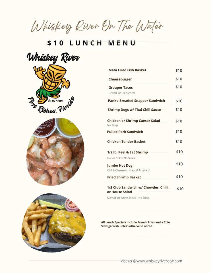 Menu at Whiskey River On The Water pub & bar, Port Richey