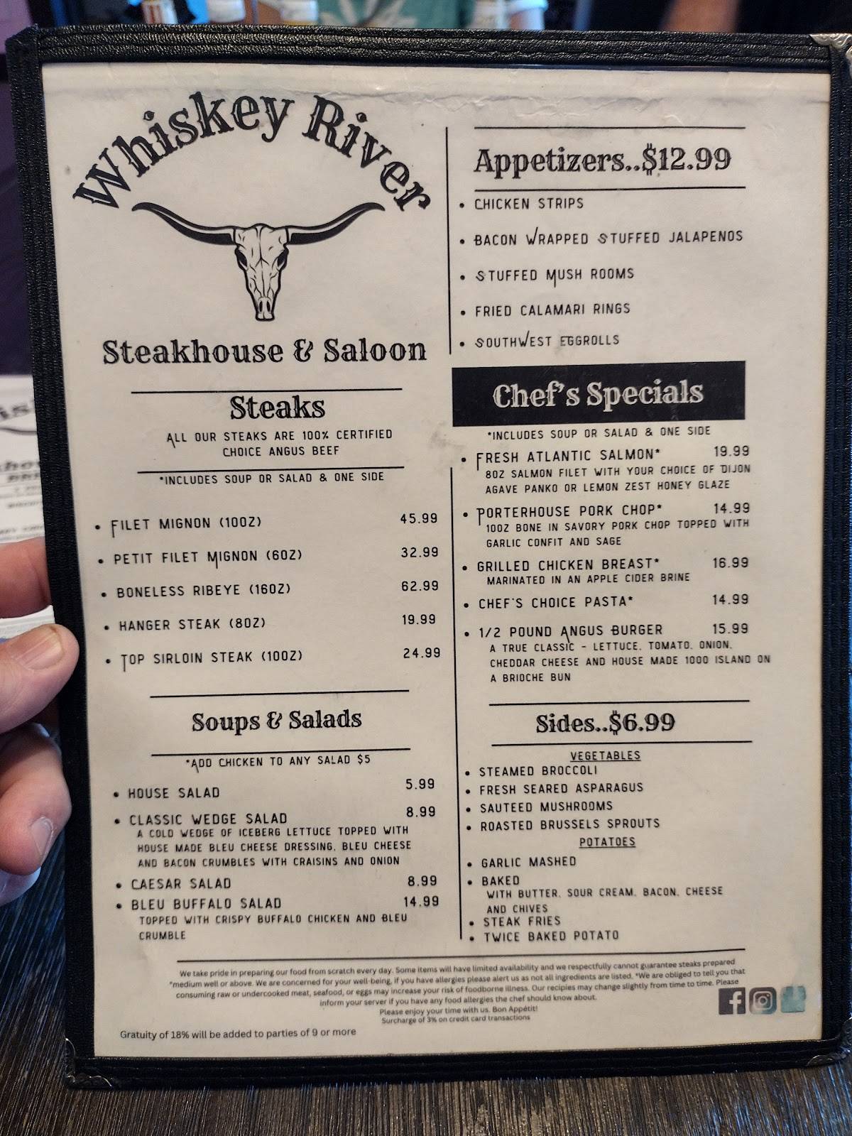 Menu at Whiskey River Steakhouse & Saloon, Parker