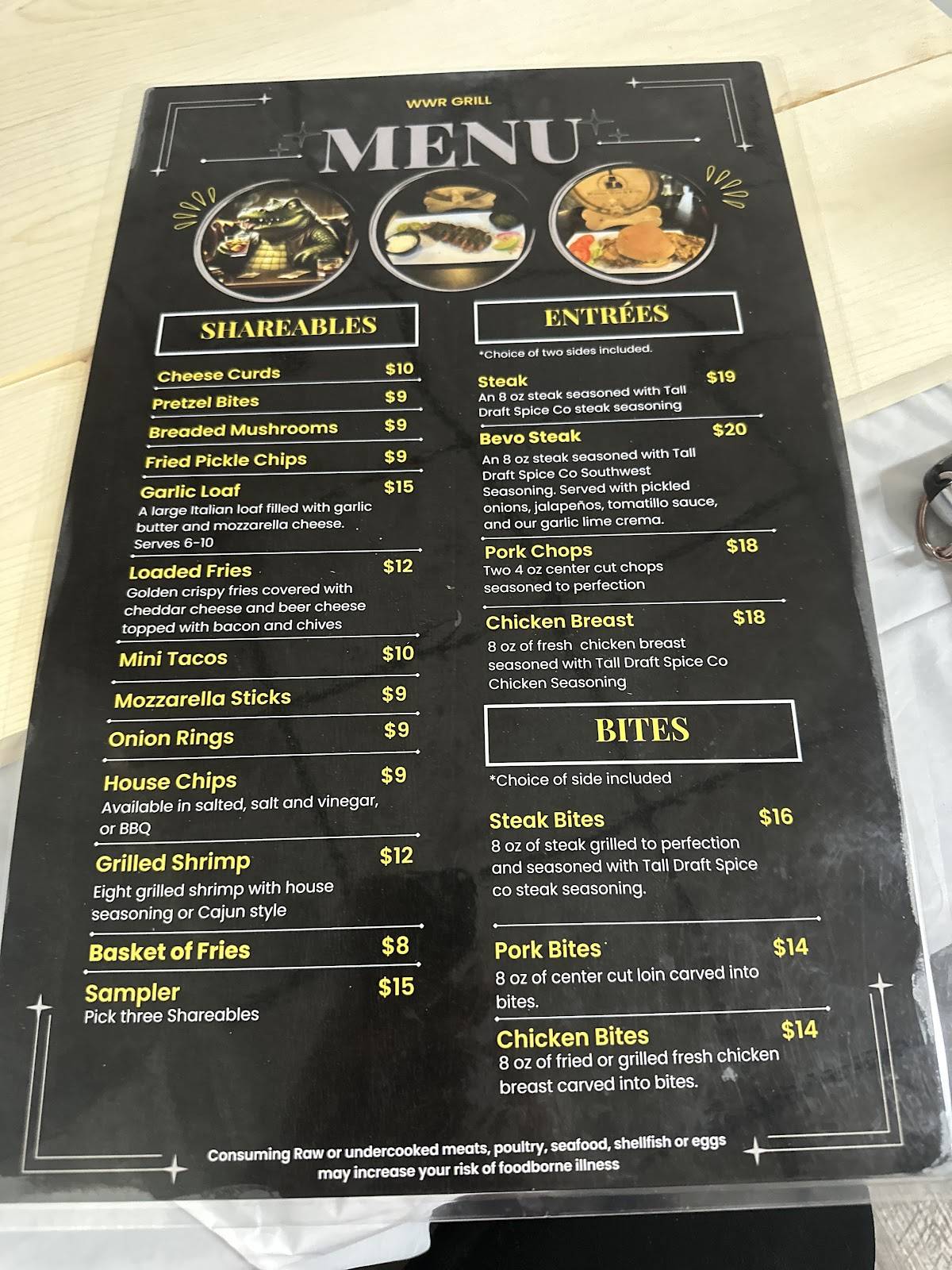 Menu at Whiskey, Wine, and Roses pub & bar, Fort Jennings