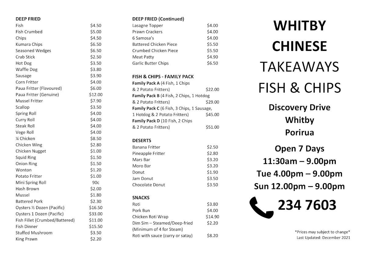 Menu at Whitby Chinese Takeaway restaurant, Wellington