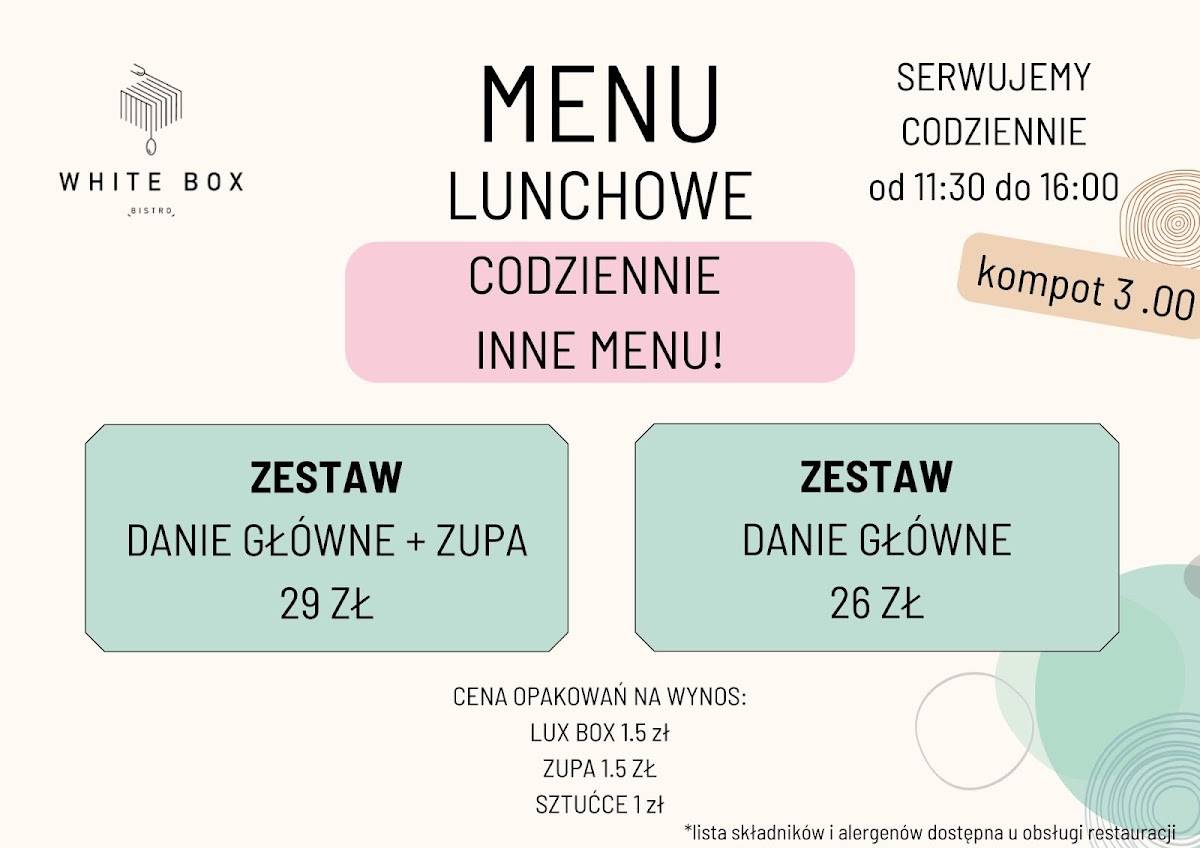 Menu at White Box Bistro restaurant, Kraków