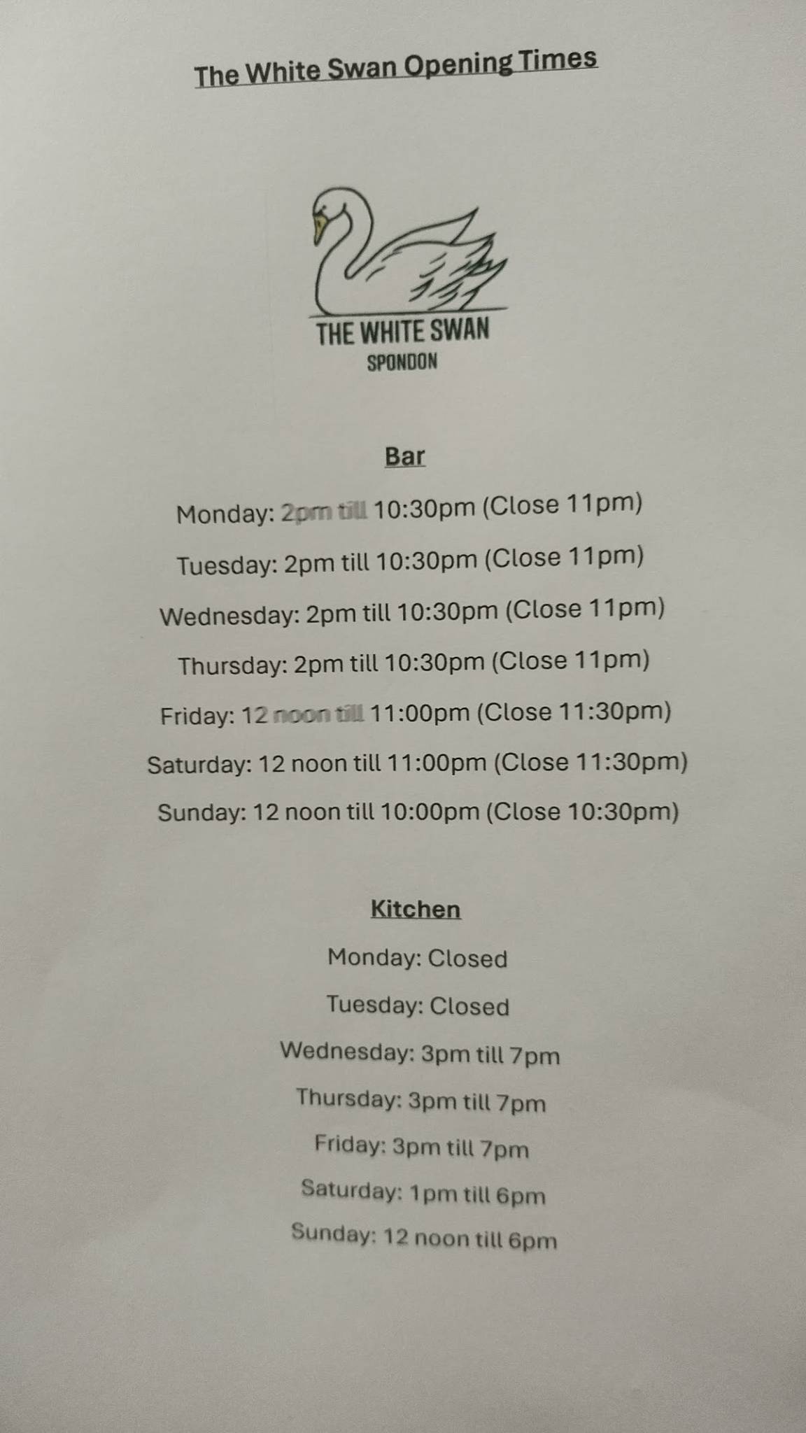 Menu at White Swan pub & bar, Derby, 2 Moor St