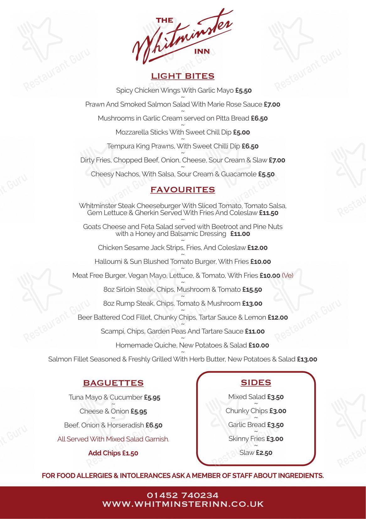 Menu at Whitminster Inn pub & bar, Frampton on Severn