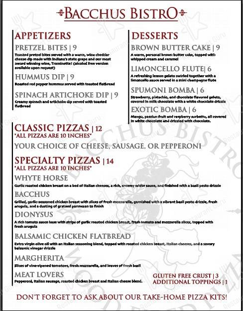 Menu at Bacchus Bistro pub & bar, Monticello