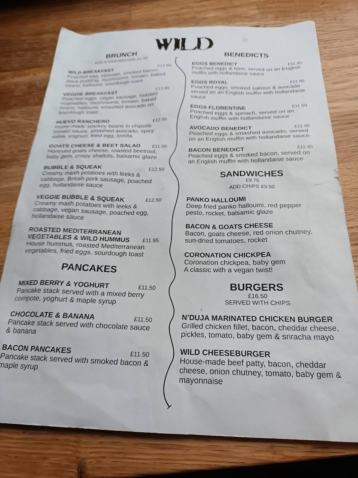 Menu at Wild Cafe, Bath