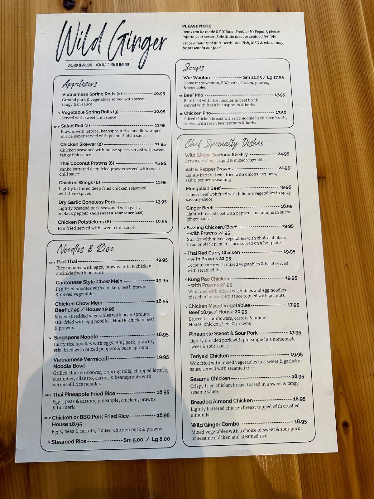 Menu at Wild Ginger restaurant, Penticton