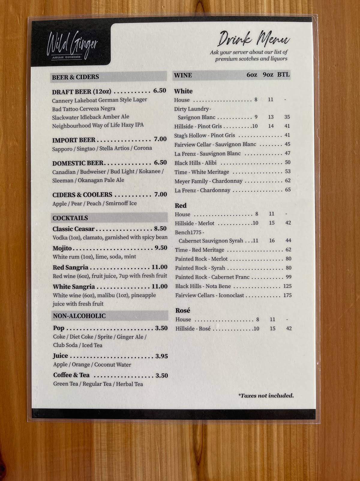 Menu at Wild Ginger restaurant, Penticton