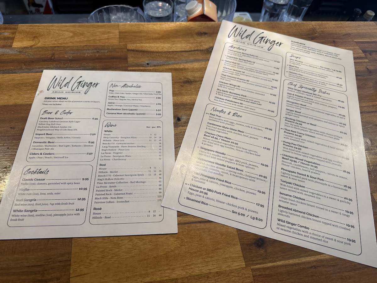 Menu at Wild Ginger restaurant, Penticton