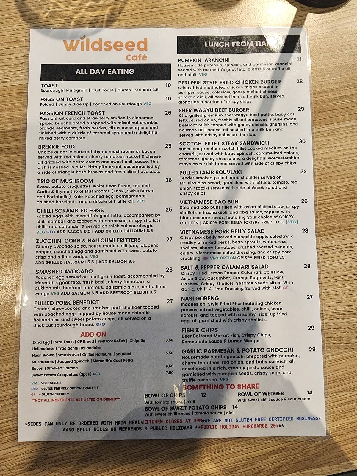 Menu at Wildseed Cafe Delacombe, Smythes Creek