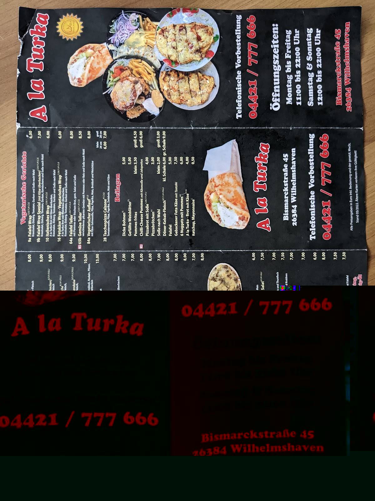 Speisekarte von A la Turka restaurant, Wilhelmshaven
