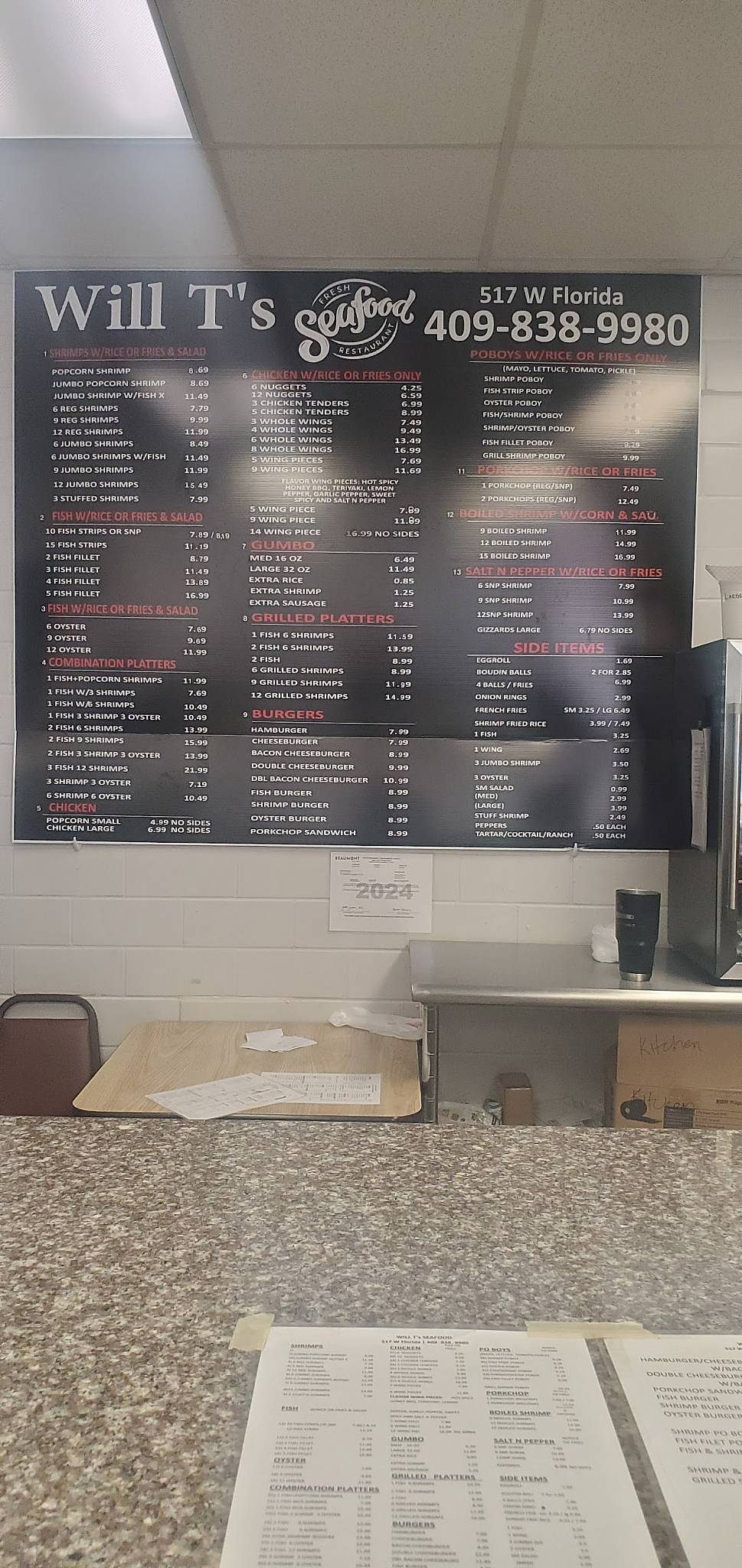 Menu at Will T's Seafood restaurant, Beaumont