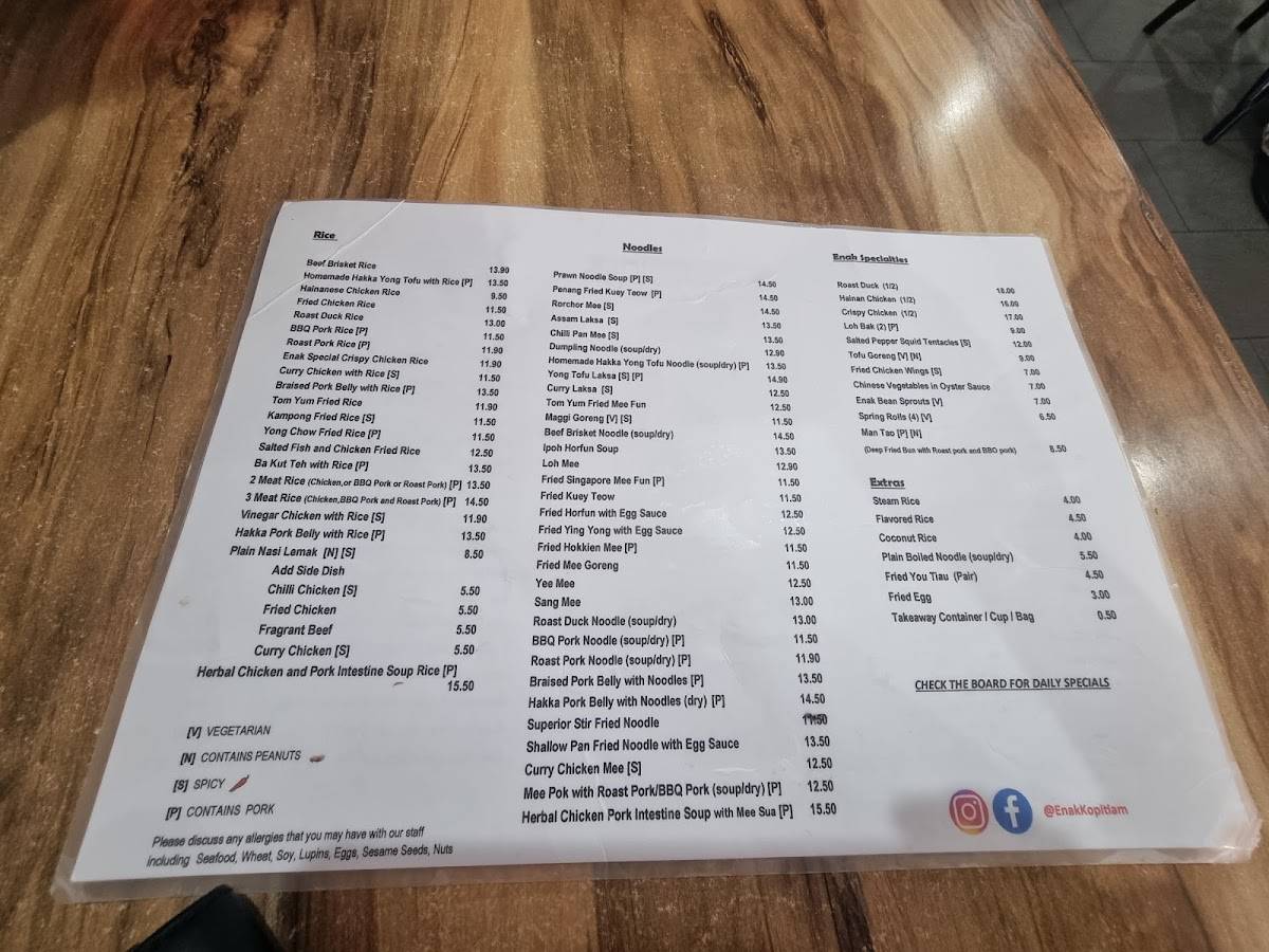 Menu at Enak Kopitiam restaurant, Willetton, shop 11/61 Apsley Rd