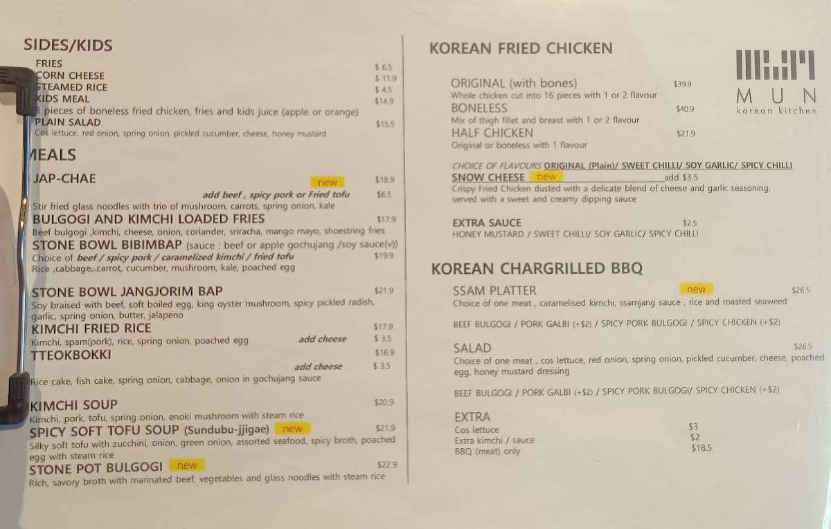 Menu at Mun Korean Kitchen restaurant, Williams Landing