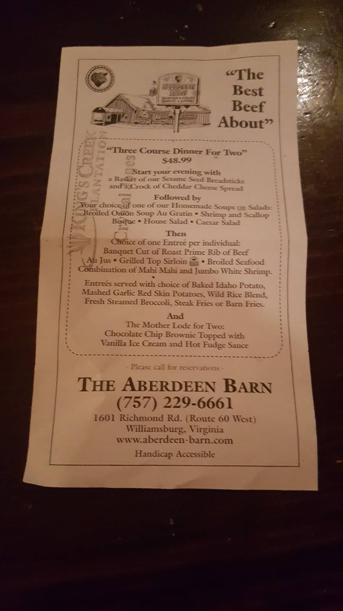 Menu at Aberdeen Barn Steakhouse, Williamsburg, Richmond Rd