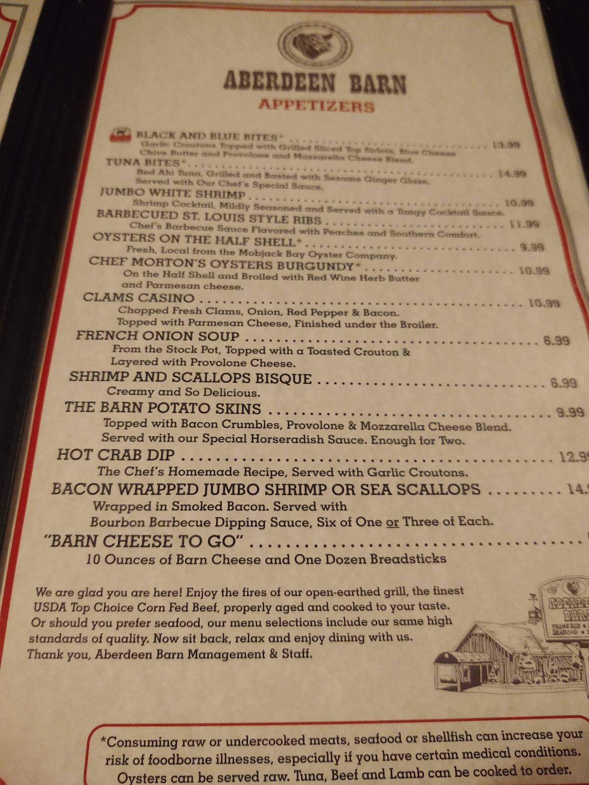 Menu at Aberdeen Barn Steakhouse, Williamsburg, Richmond Rd