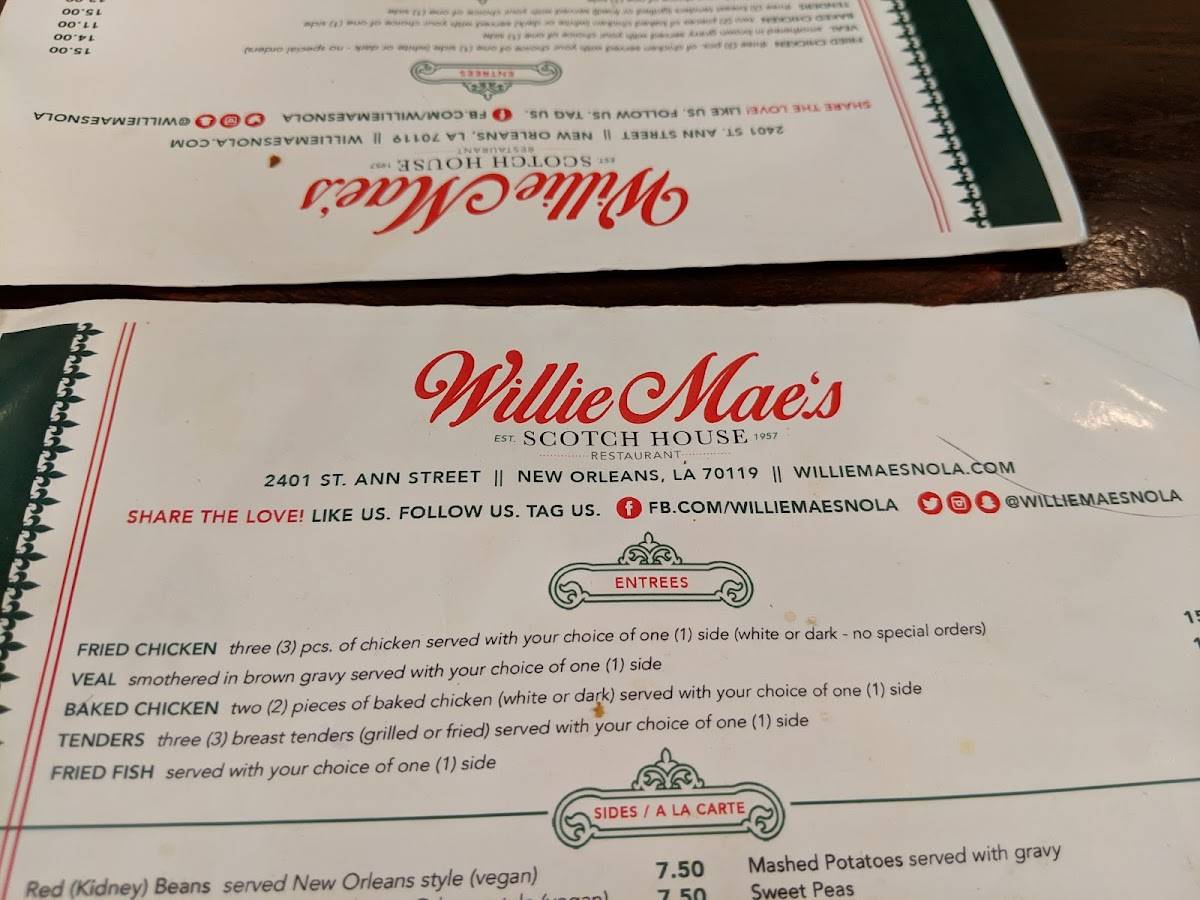 Menu at Willie Mae's Scotch House restaurant, New Orleans
