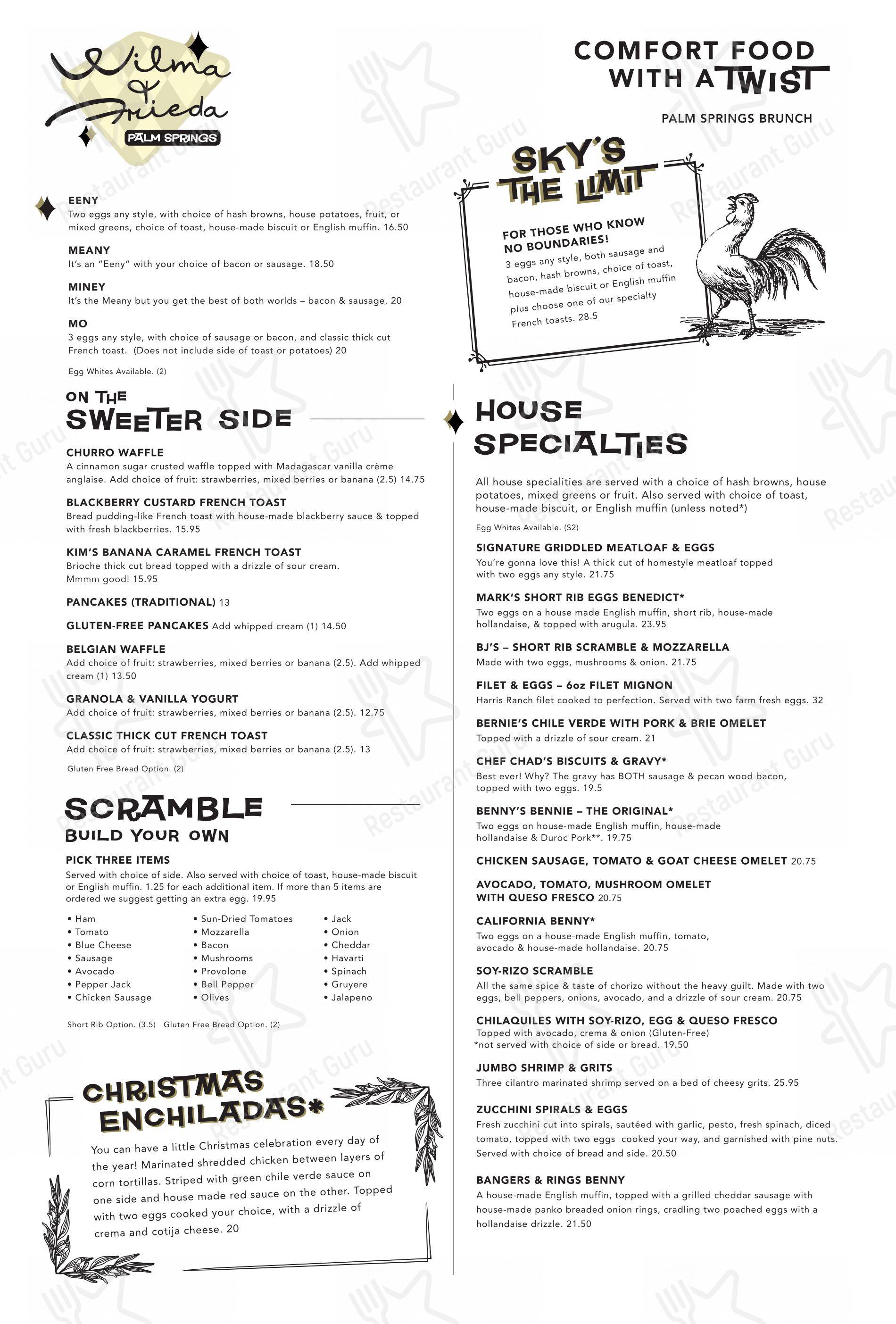 Menu at Wilma & Frieda's Cafe, Palm Desert