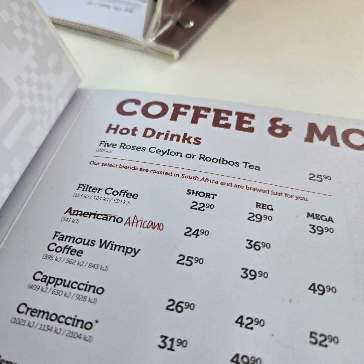 Menu at Wimpy restaurant, Umhlanga, Shop C9