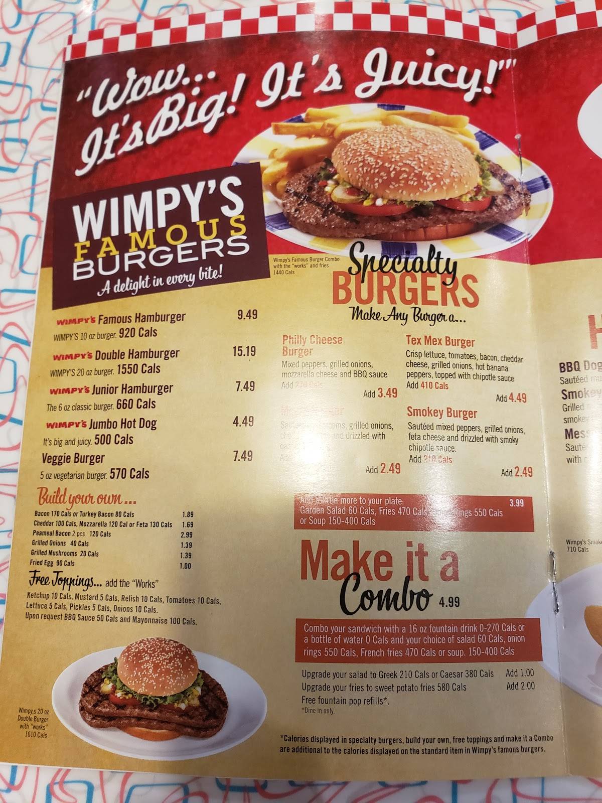 Menu at Wimpy's Diner restaurant, Chatham-Kent