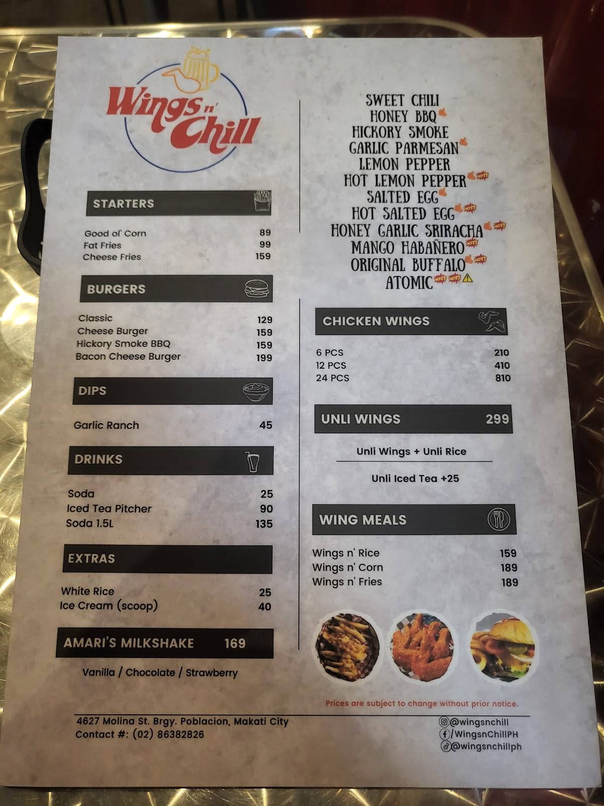 Menu at Wings n’ Chill restaurant, Makati